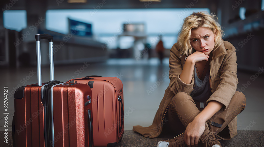 Sad young woman sitting near her suitcase at the airport, portrait ...