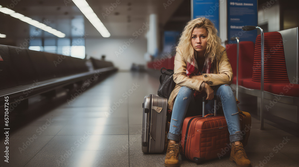 Sad young woman sitting near her suitcase at the airport, portrait ...