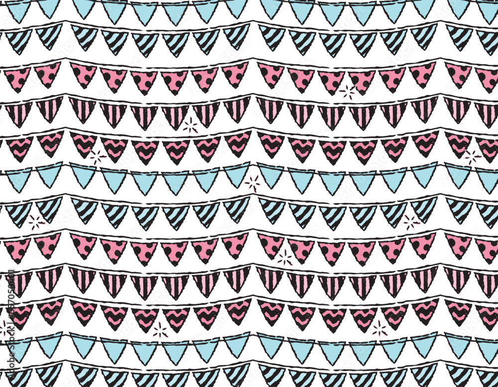 Party Flags pattern with doodles for holiday decoration. Line on a ...