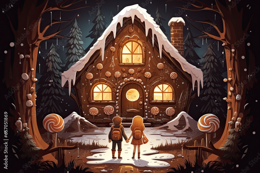 children stand in front of a gingerbread house in the forest ...