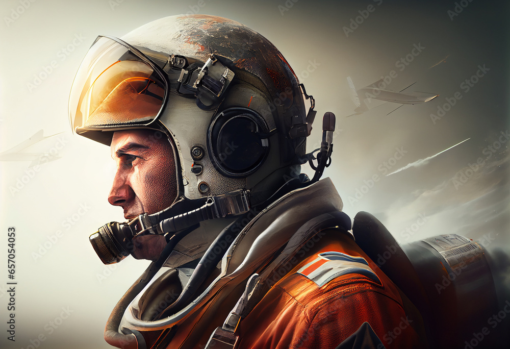 Portrait of a man pilot wearing helmet and a mask in cockpit of fighter ...