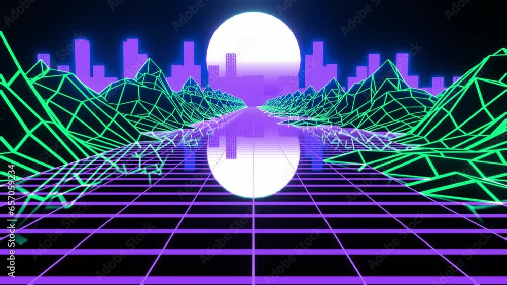 Seamless loop retro 1980s animation flying through the rocks to the sun ...