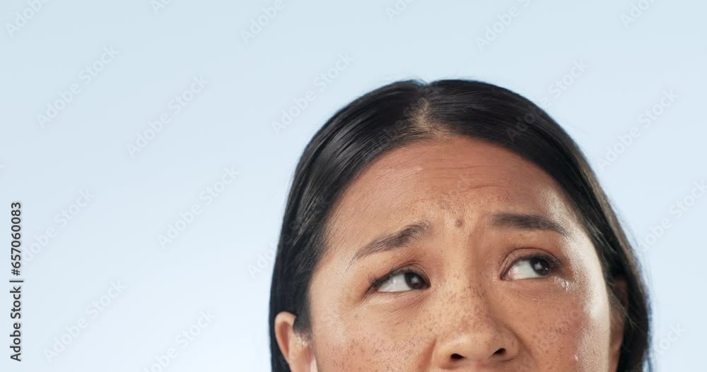 Thinking, woman and confused eyes in studio for problem solving ...