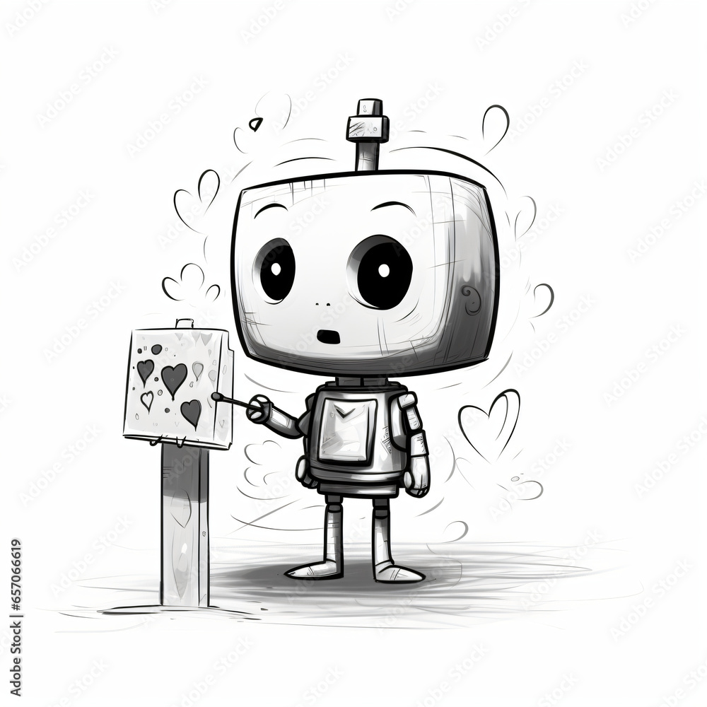 Sketch of a Disappointed Cute Robot with its Heart Art: 'This Is Not ...