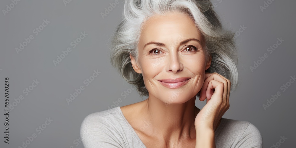 Woman touch face with smooth healthy skin. Beautiful aging young ...