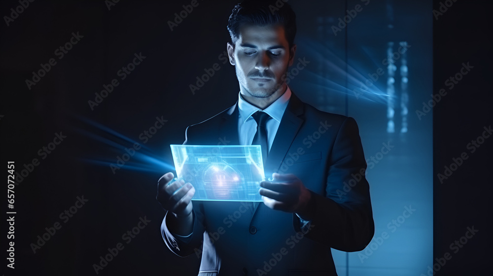 Businessman analyze and visualize complex information on a virtual screen using AI to process ...