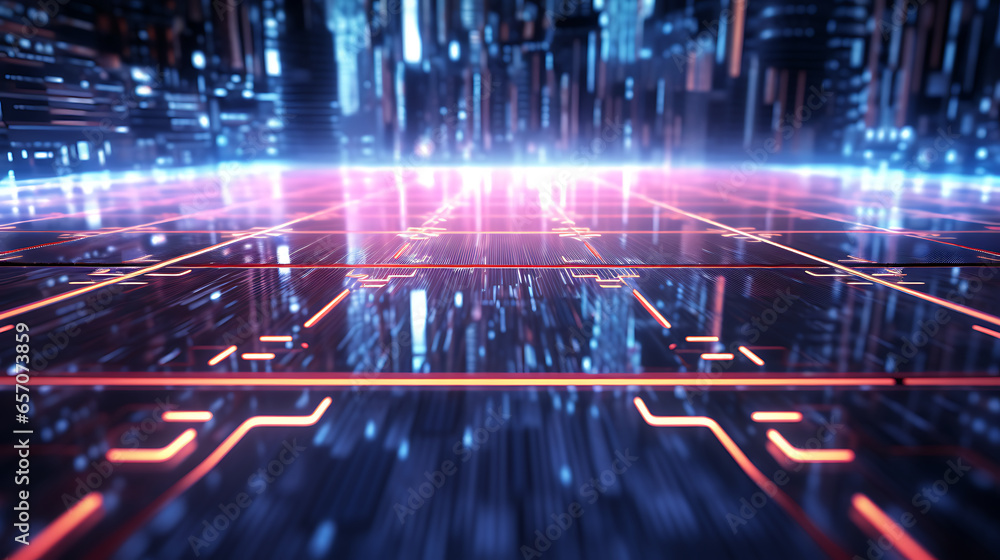 On field made of computer microchips details matrix futuristic lines ...