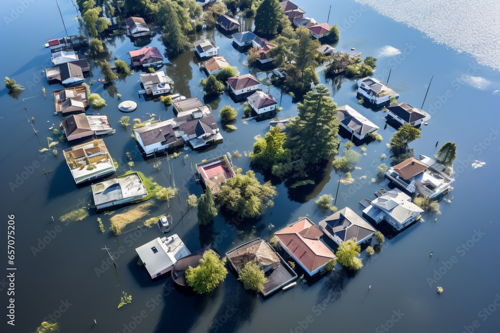 Aerial view of houses flooded with dirty water of a river. Buildings ...