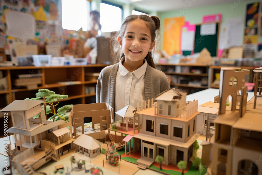 Cute optimistic child presenting her school project. Little girl ...