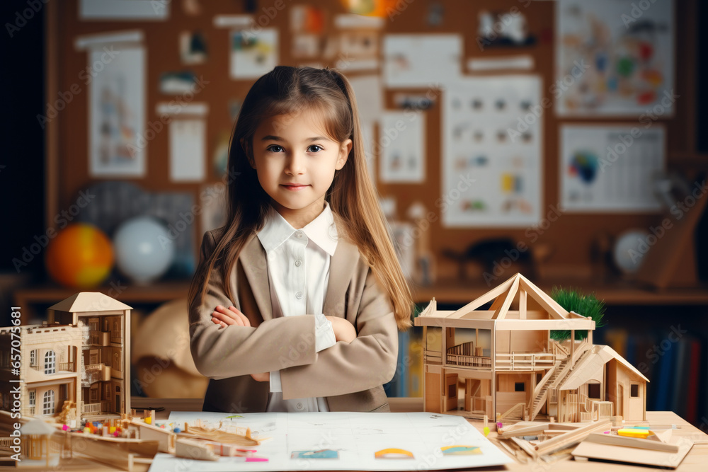 Cute optimistic child presenting her school project. Little girl ...
