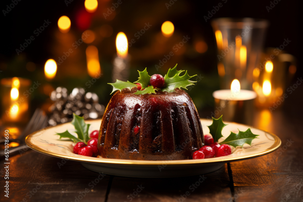 Christmas Pudding on a plate on Xmas table. Christmas pudding fruit ...