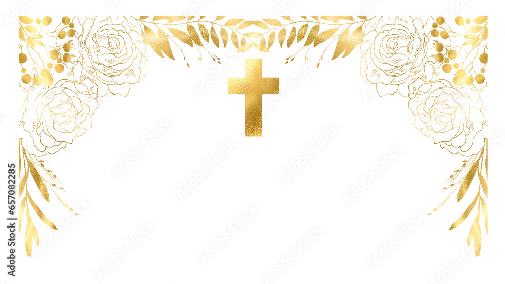 Gold linear Vintage rose bouquet, border, frame with holy cross. Gold ...