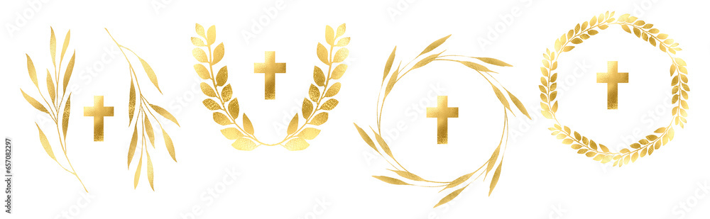 Gold linear Vintage rose bouquet, border, frame with holy cross. Gold ...