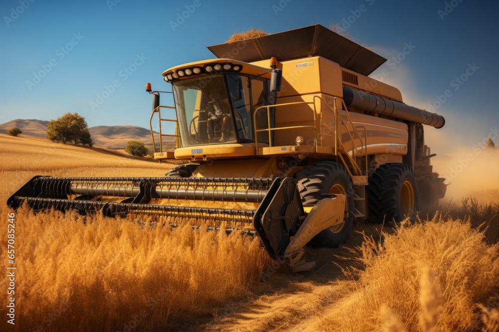 Large-scale combine harvester harvesting a field of golden wheat ...
