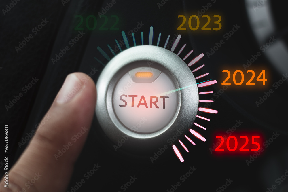 Start button on the car's dashboard with numbers 2024 and 2025. Stock ...