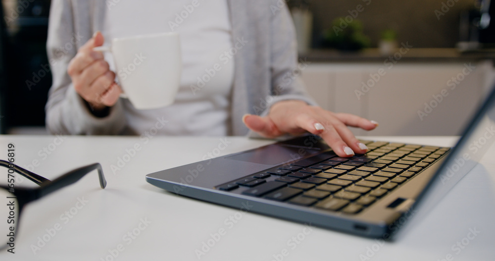 Close up of female hands typing message on laptop. Businesswoman sit at ...