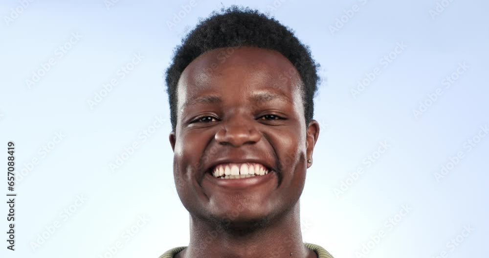 Black man, happiness and smile with laugh, positive and blue studio ...