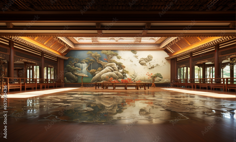 Panoramic painting, epic ink painting, interior scene painting of an ...
