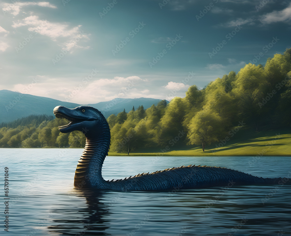 Secrets of the Loch: Captivating Watercolor Illustration of the Loch Ness Monster. generative AI ...
