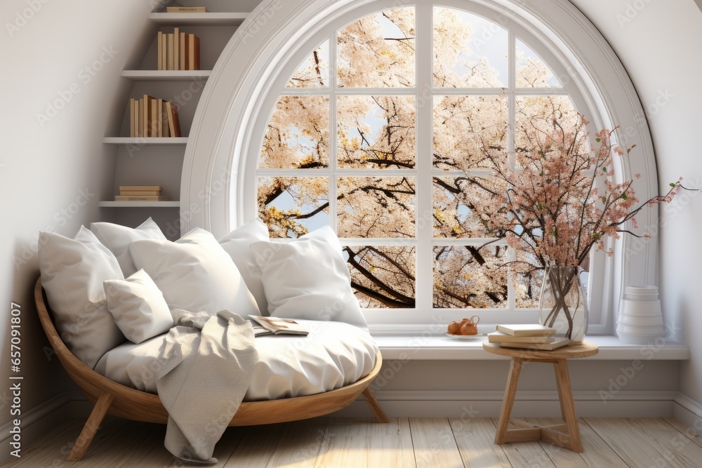 3D rendering of a cozy reading corner with a bay window PNG Cutout ...