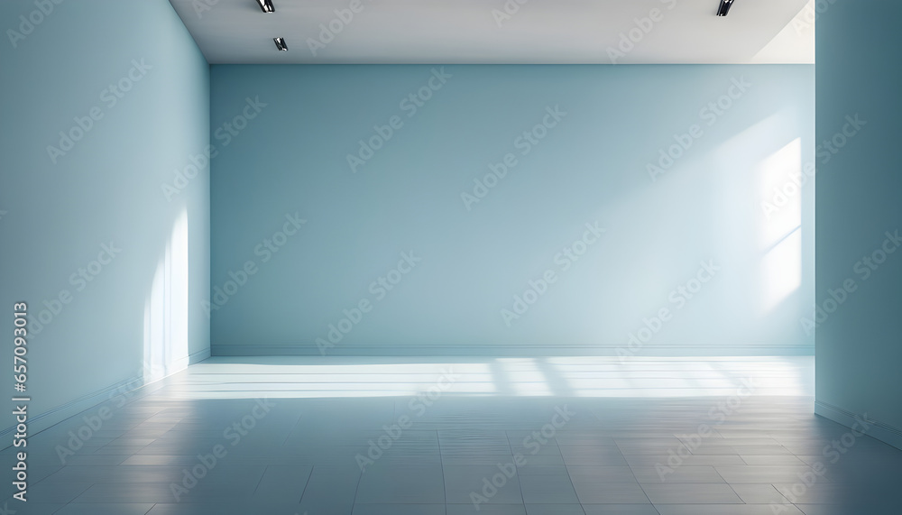 Empty white room with blue wall, abstract light blue background for ...