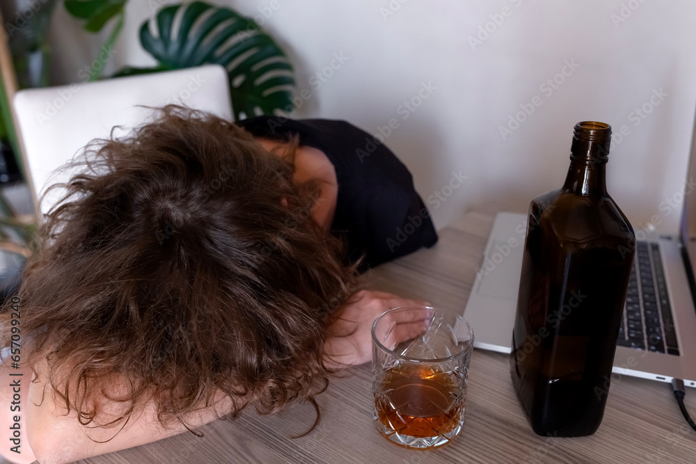Drunk intoxicated woman sleeping near whiskey glass, female heavy ...