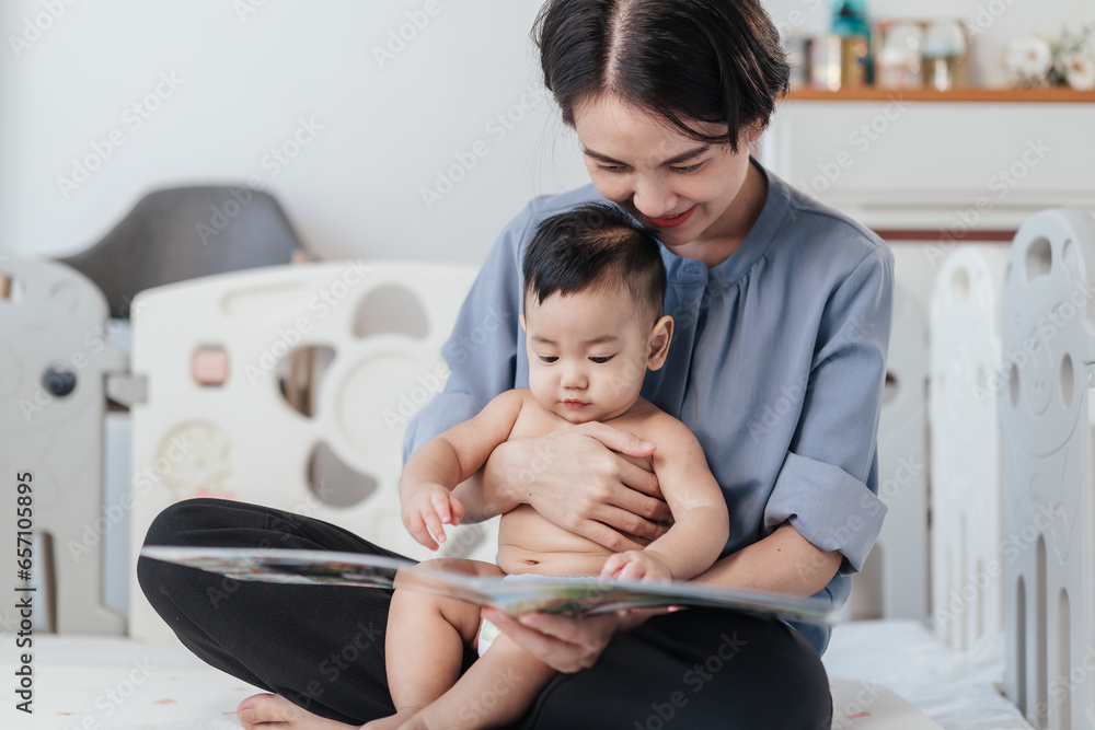 Happy Time, Asian Mother Reading a Storybook to Her Adorable 5-Month ...