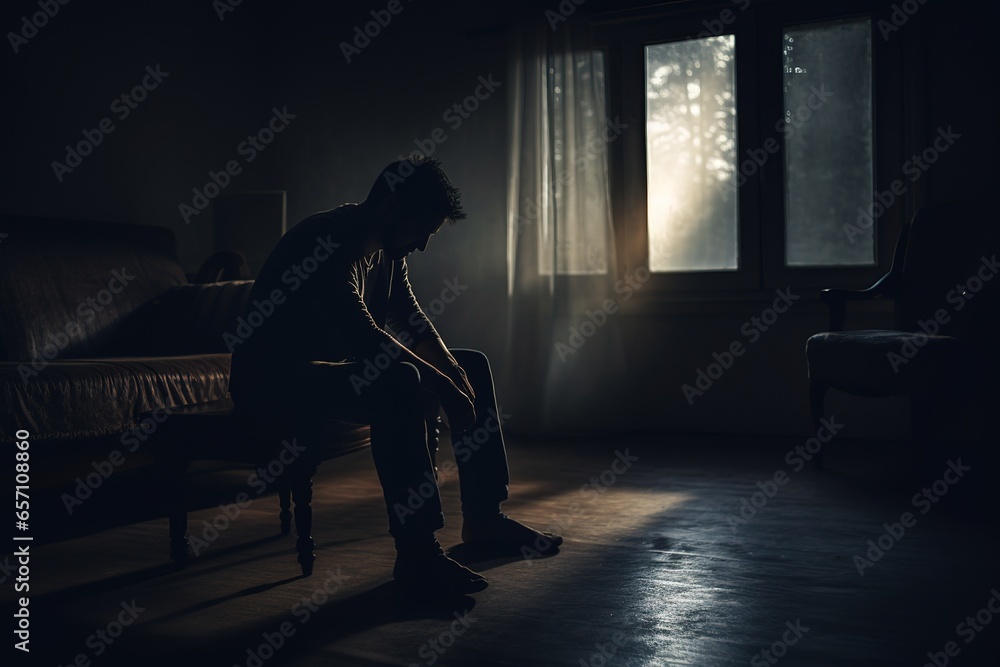 Silhouette depressed man sadly sitting on sofa in the living room. Sad ...