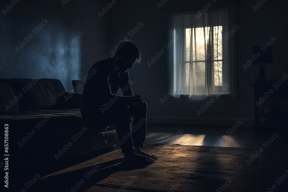 Silhouette depressed man sadly sitting on sofa in the living room. Sad ...