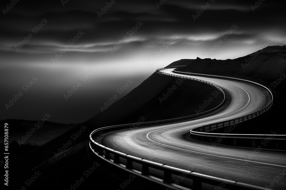 Road to nowhere. Dramatic photo of a curvy asphalt road disappearing into the horizon, with ...