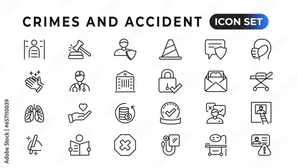 Crimes and accident linear icons collection.Set of thin line web icon ...