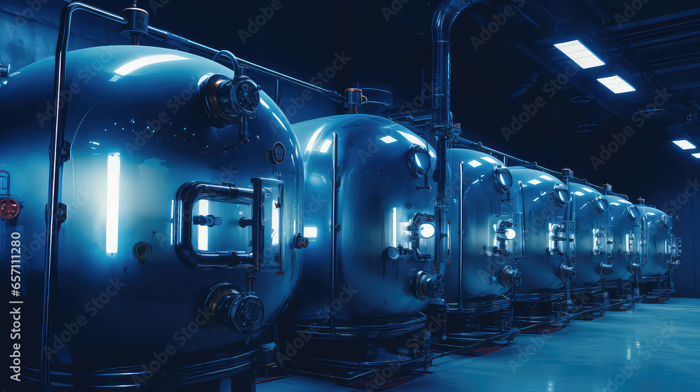 Lots of pressurized blue gas tanks. Gas industry, natural gas ...