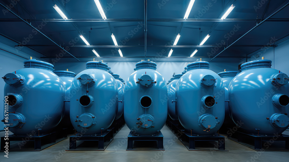 Lots of pressurized blue gas tanks. Gas industry, natural gas ...