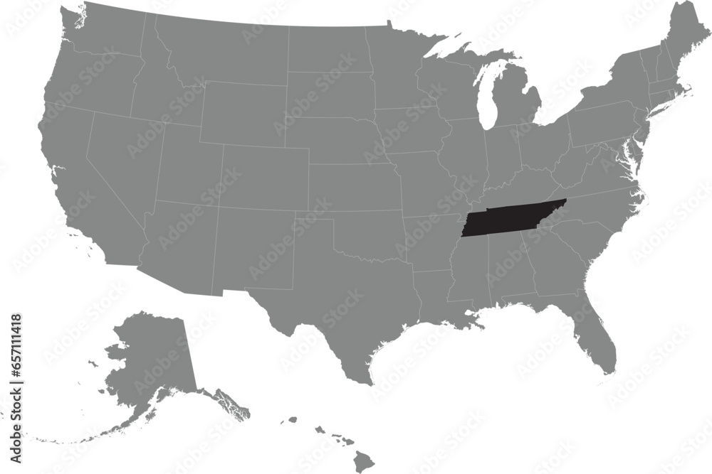 Black CMYK federal map of TENNESSEE inside detailed gray blank ...