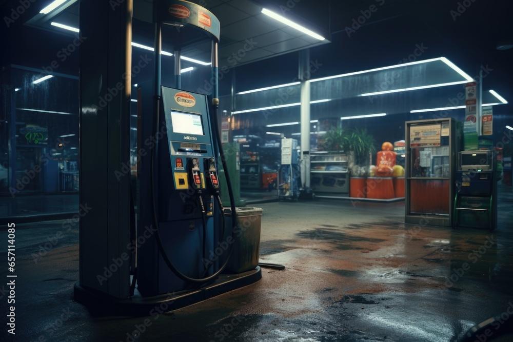 A gas pump illuminated in a gas station at night. This image can be ...