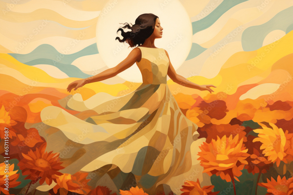 young dark skin poc woman dancing in a field of sunflowers with sun in ...