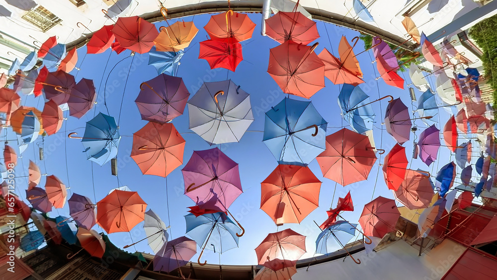bottom view of Umbrella street in Antalya, Turkey. The heart of Antalya ...