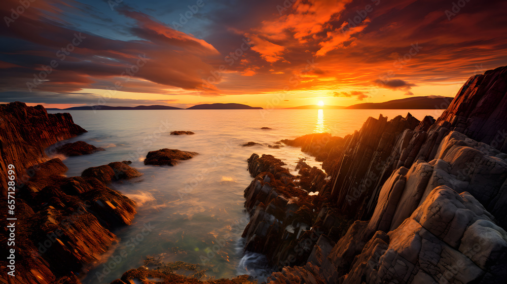 Witness the sun dipping below the horizon, casting a warm, golden glow ...