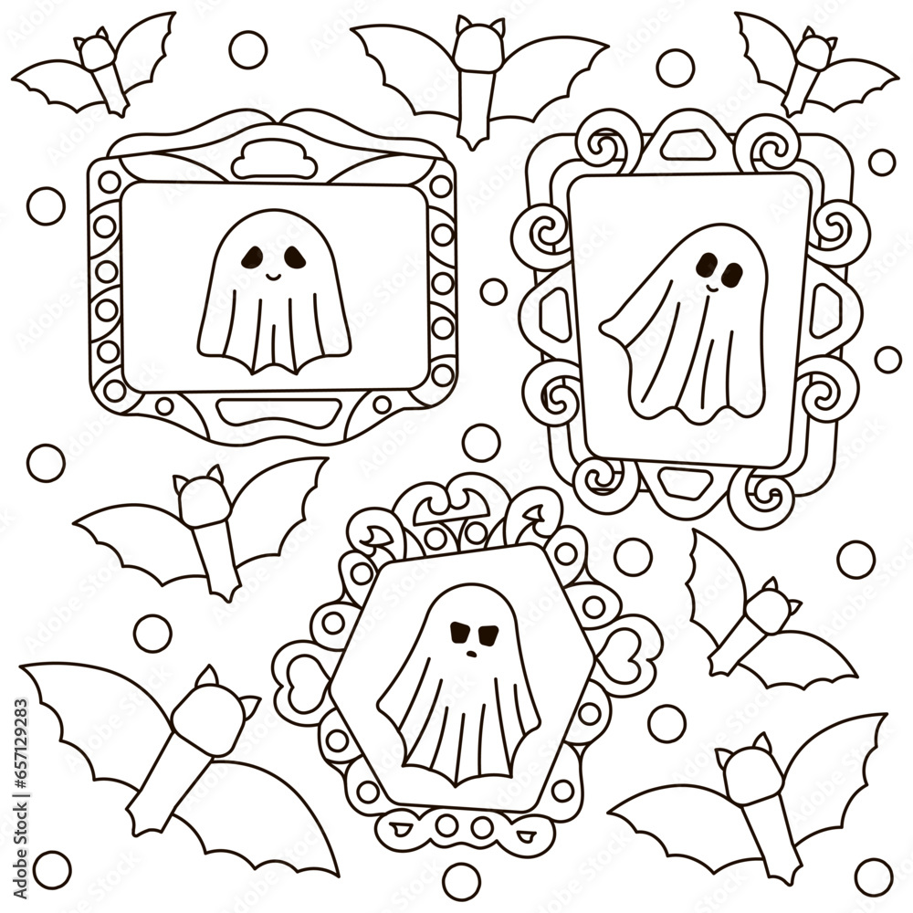 Halloween cozy coloring page with ghost family portrait in frames for ...