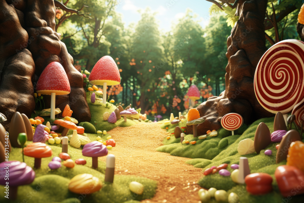 Candy land forest, sweet and magical world with candy and sweets Stock ...