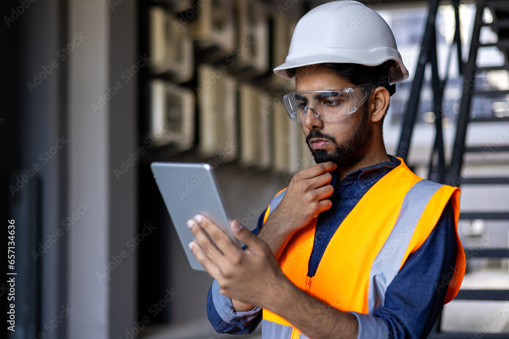 Serious thinking and focused engineer working in factory in hard hat ...