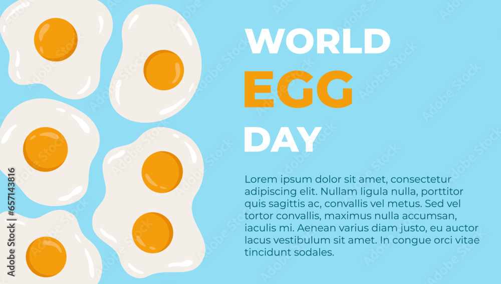 World Egg Day Banner. Different shaped fried eggs on blue background ...