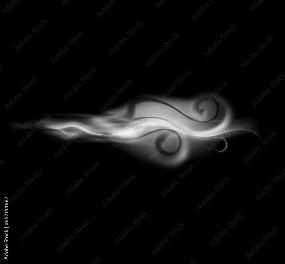 Abstract white puffs of smoke swirl overlay on black background ...