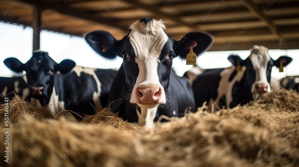 Black and white cow eating hay, Feeding cows. Stock Photo | Adobe Stock