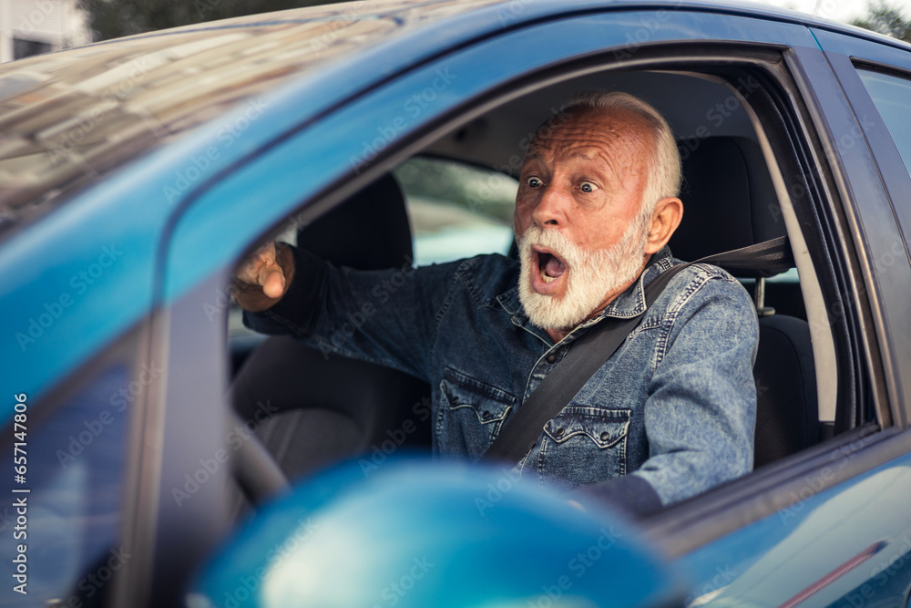 Shocked frightened man screaming and braking just before an accident ...