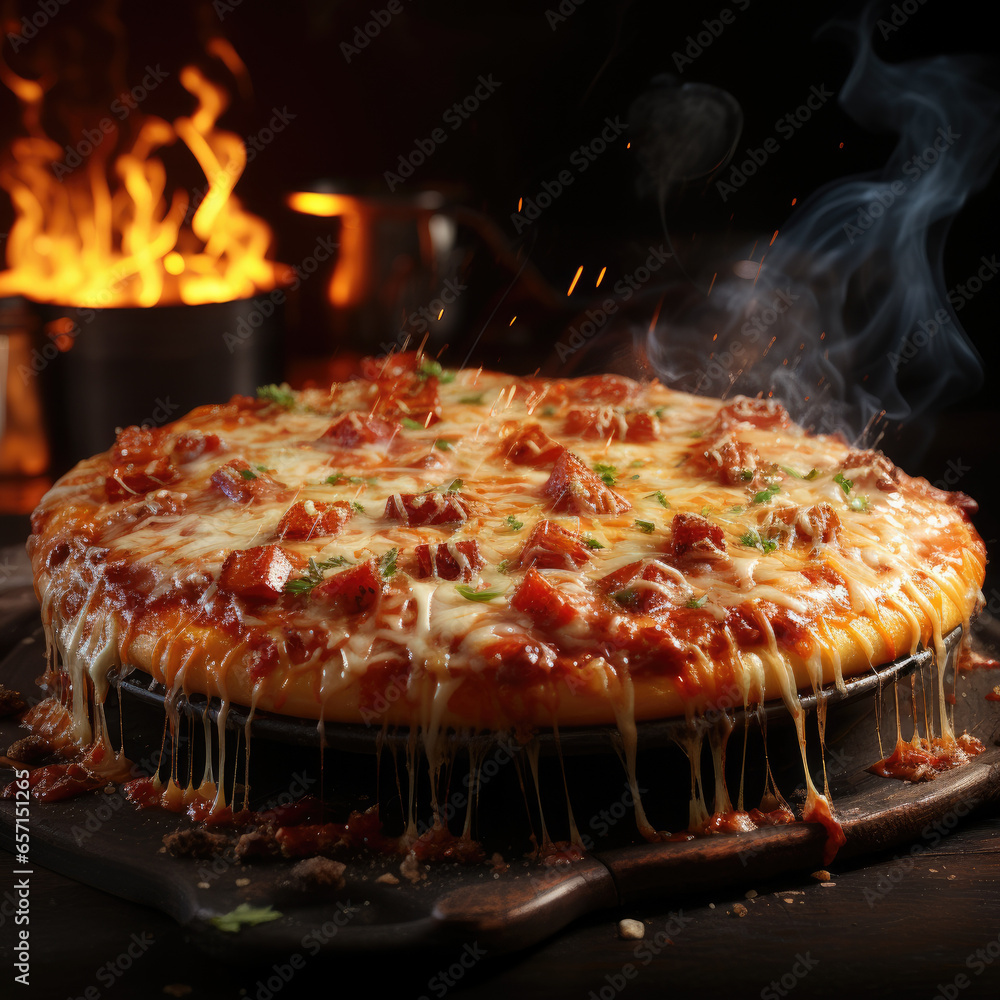 Hot big pepperoni pizza with smoke and fire composition with melting ...