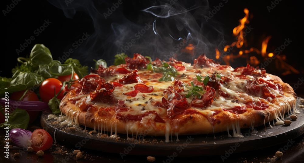 Hot big pepperoni pizza with smoke and fire composition with melting ...