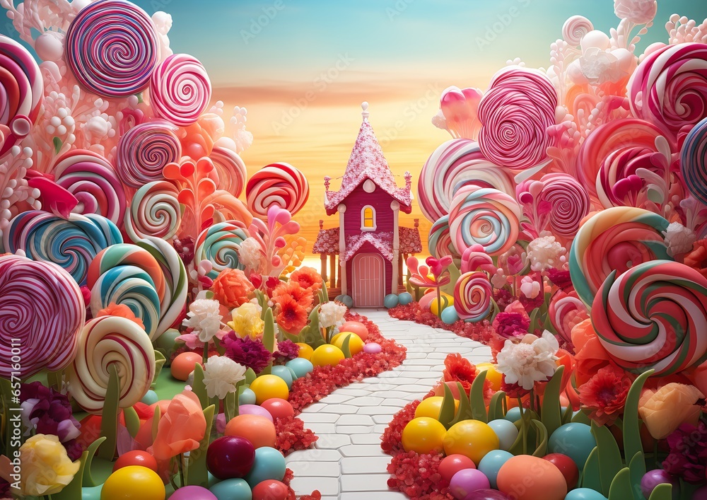 closeup candy land castle background fairy lollipops twirls entering ...