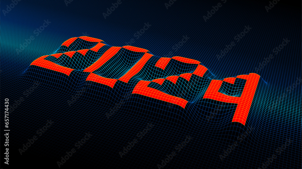 2024 New Year sign with technology grid in retro computer style. Synthwave or cyberpunk styled ...