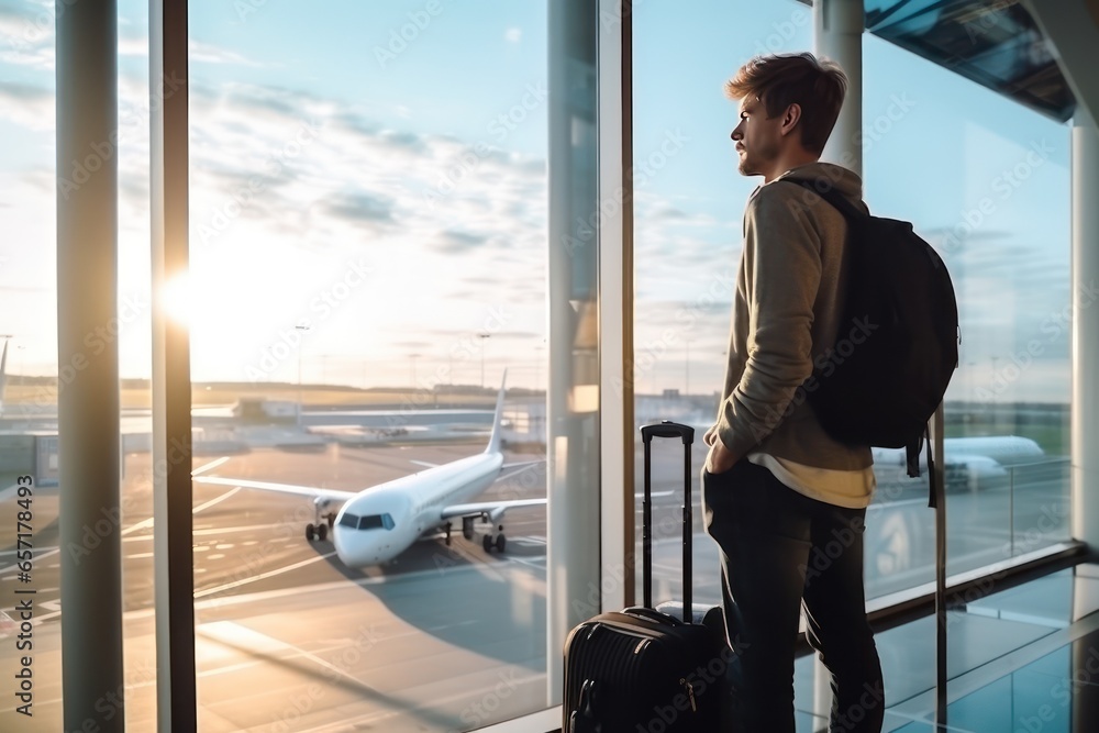 A young Caucasian man waits for the boarding announcement for his ...